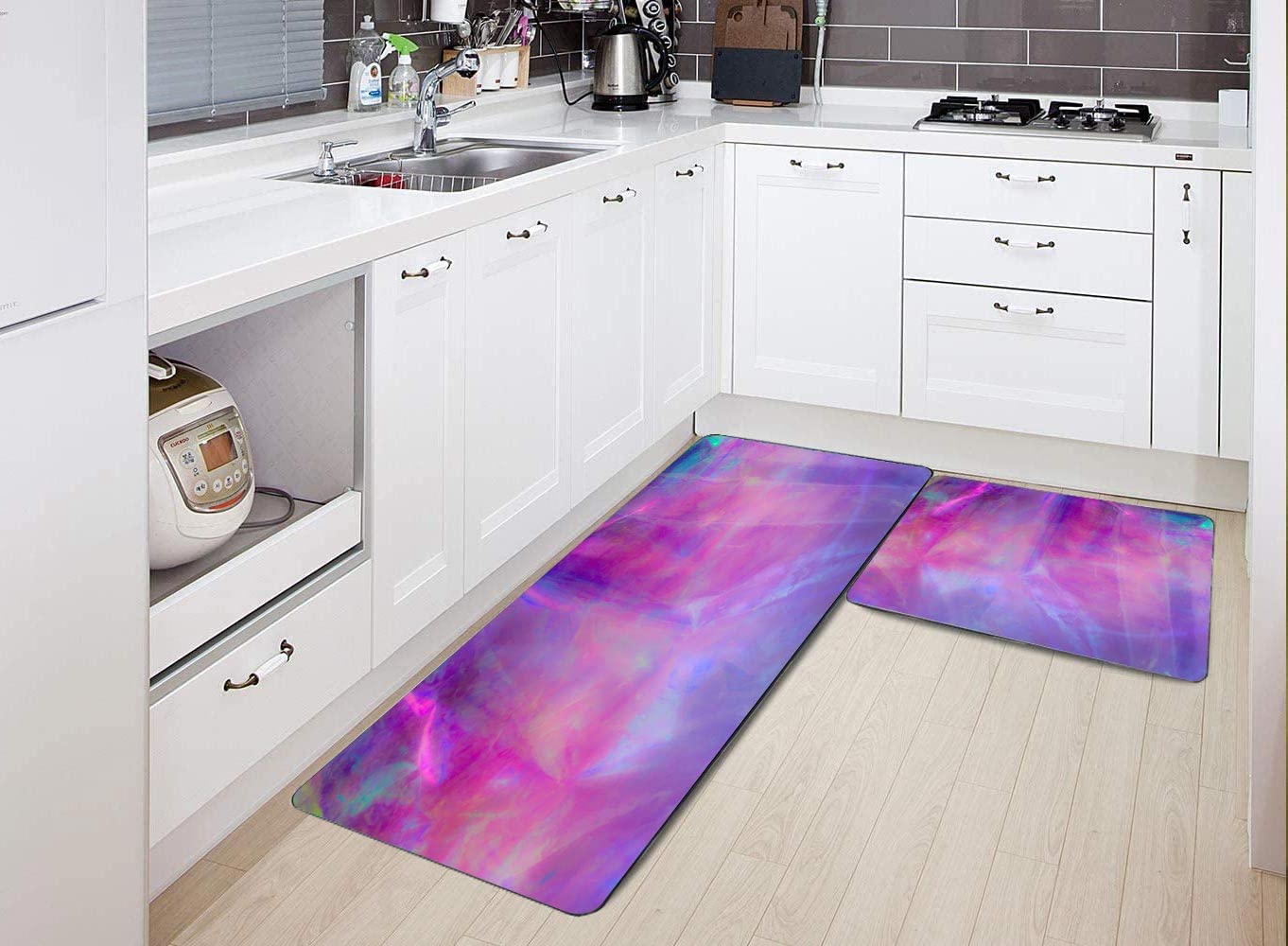 Musesh 2 Pieces Soft Kitchen Rugs,Holographic Background Light Reflection Rainbow Colors Pattern Magical Marbling Iridescent Effect Washable Long Kitchen Mat Set 17"X48"+17"X24" Rugs for Kitchen Floor