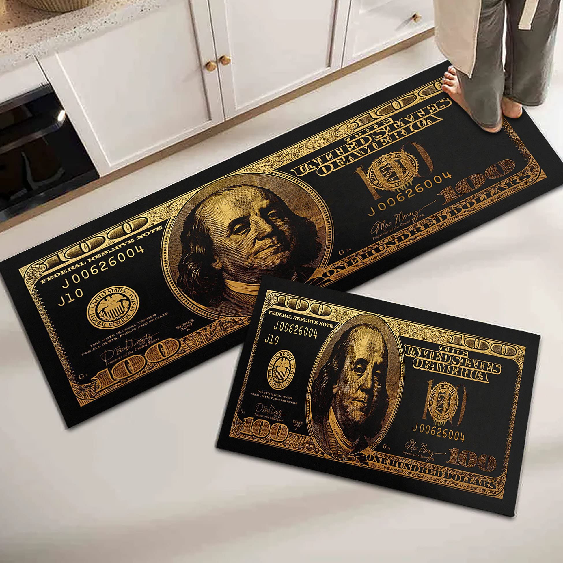 GUBIYU Black Bathroom Rug Set 100 Dollar Bill Kitchen Rug Money Rugs Nonslip Rubber Backed Gold Bathroom Mats and Rugs Sets Rug Runner Floor Mat Washroom Bathroom Laundry Doormat (17.5"X29"+17.5"X59")