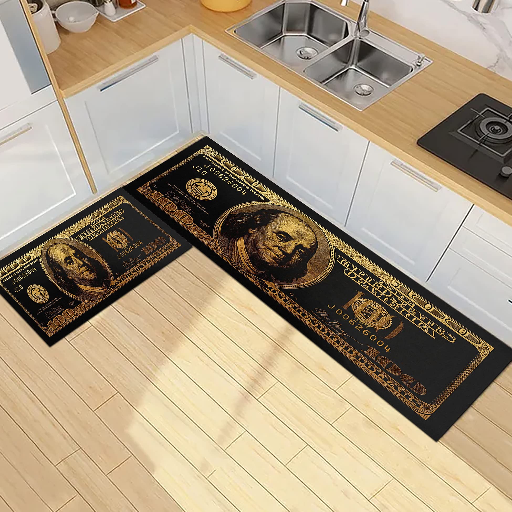 GUBIYU Black Bathroom Rug Set 100 Dollar Bill Kitchen Rug Money Rugs Nonslip Rubber Backed Gold Bathroom Mats and Rugs Sets Rug Runner Floor Mat Washroom Bathroom Laundry Doormat (17.5"X29"+17.5"X59")