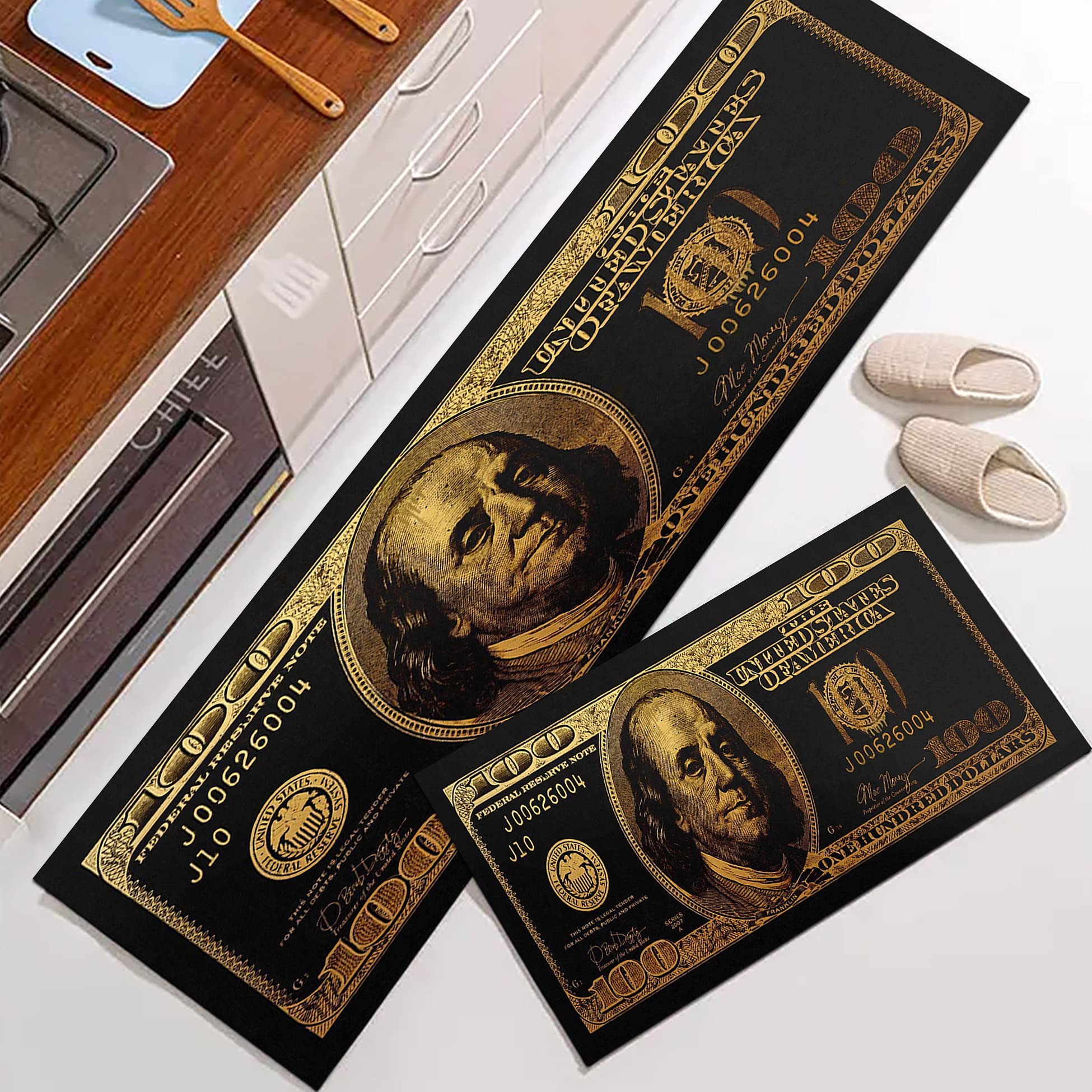 GUBIYU Black Bathroom Rug Set 100 Dollar Bill Kitchen Rug Money Rugs Nonslip Rubber Backed Gold Bathroom Mats and Rugs Sets Rug Runner Floor Mat Washroom Bathroom Laundry Doormat (17.5"X29"+17.5"X59")