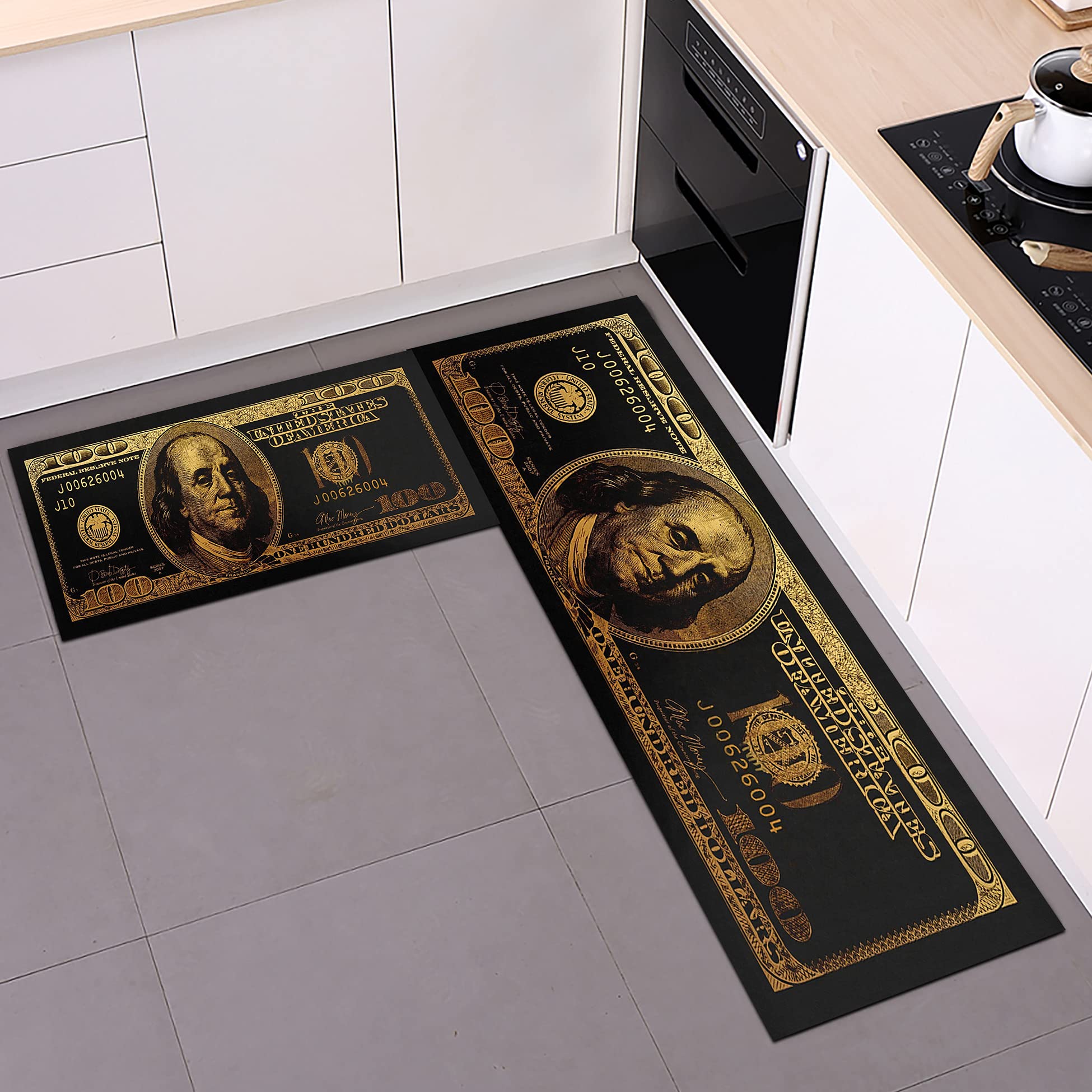 GUBIYU Black Bathroom Rug Set 100 Dollar Bill Kitchen Rug Money Rugs Nonslip Rubber Backed Gold Bathroom Mats and Rugs Sets Rug Runner Floor Mat Washroom Bathroom Laundry Doormat (17.5"X29"+17.5"X59")