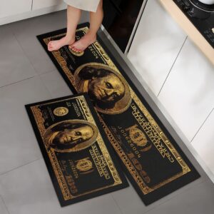 GUBIYU Black Bathroom Rug Set 100 Dollar Bill Kitchen Rug Money Rugs Nonslip Rubber Backed Gold Bathroom Mats and Rugs Sets Rug Runner Floor Mat Washroom Bathroom Laundry Doormat (17.5"X29"+17.5"X59")