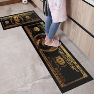 GUBIYU Black Bathroom Rug Set 100 Dollar Bill Kitchen Rug Money Rugs Nonslip Rubber Backed Gold Bathroom Mats and Rugs Sets Rug Runner Floor Mat Washroom Bathroom Laundry Doormat (17.5"X29"+17.5"X59")