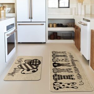 Artoid Mode Stripes Polka Dot Eggs Bunny Happy Easter Kitchen Mats Set of 2, Home Decor Low-Profile Kitchen Rugs for Floor - 17x29 and 17x47 Inch