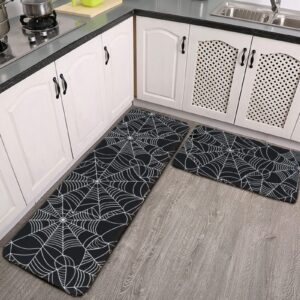 youtary halloween spider black and white spiderweb pattern kitchen rug set 2 pcs floor mats washable non-slip soft flannel runner rug doormat carpet for kitchen bathroom laundry