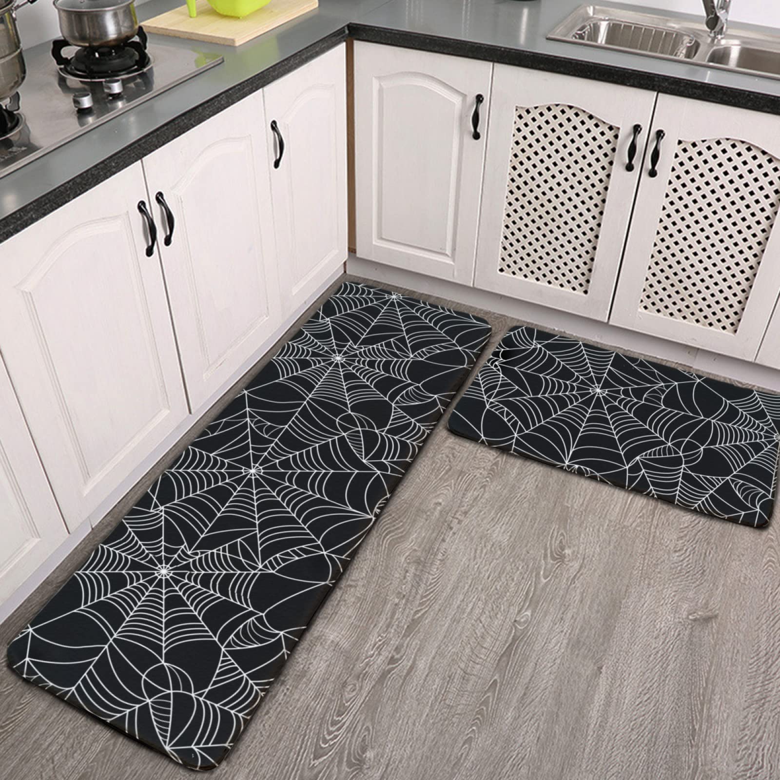 YouTary Halloween Spider Black and White Spiderweb Pattern Kitchen Rug Set 2 PCS Floor Mats Washable Non-Slip Soft Flannel Runner Rug Doormat Carpet for Kitchen Bathroom Laundry