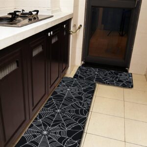 YouTary Halloween Spider Black and White Spiderweb Pattern Kitchen Rug Set 2 PCS Floor Mats Washable Non-Slip Soft Flannel Runner Rug Doormat Carpet for Kitchen Bathroom Laundry