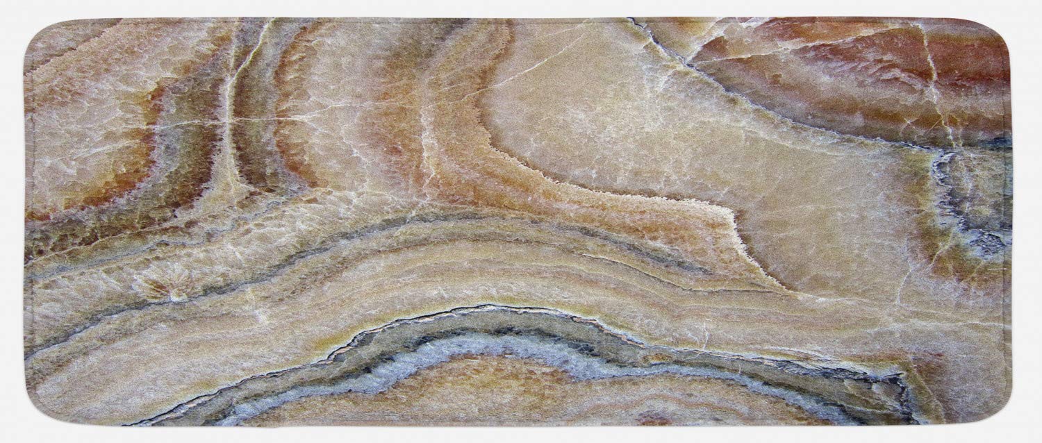 Ambesonne Marble Kitchen Mat, Surreal Onyx Stone Surface Pattern Pale Blue Details Picture, Plush Decorative Kitchen Mat with Non Slip Backing, 47" X 19", Cinnamon Grey