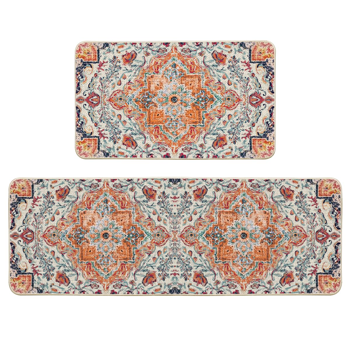 Artoid Mode Orange Flowers Bohemia Kitchen Mats Set of 2, Daily Boho Home Decor Low-Profile Kitchen Rugs for Floor - 17x29 and 17x47 Inch