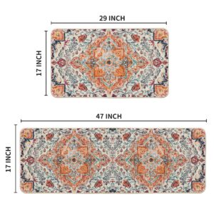 Artoid Mode Orange Flowers Bohemia Kitchen Mats Set of 2, Daily Boho Home Decor Low-Profile Kitchen Rugs for Floor - 17x29 and 17x47 Inch