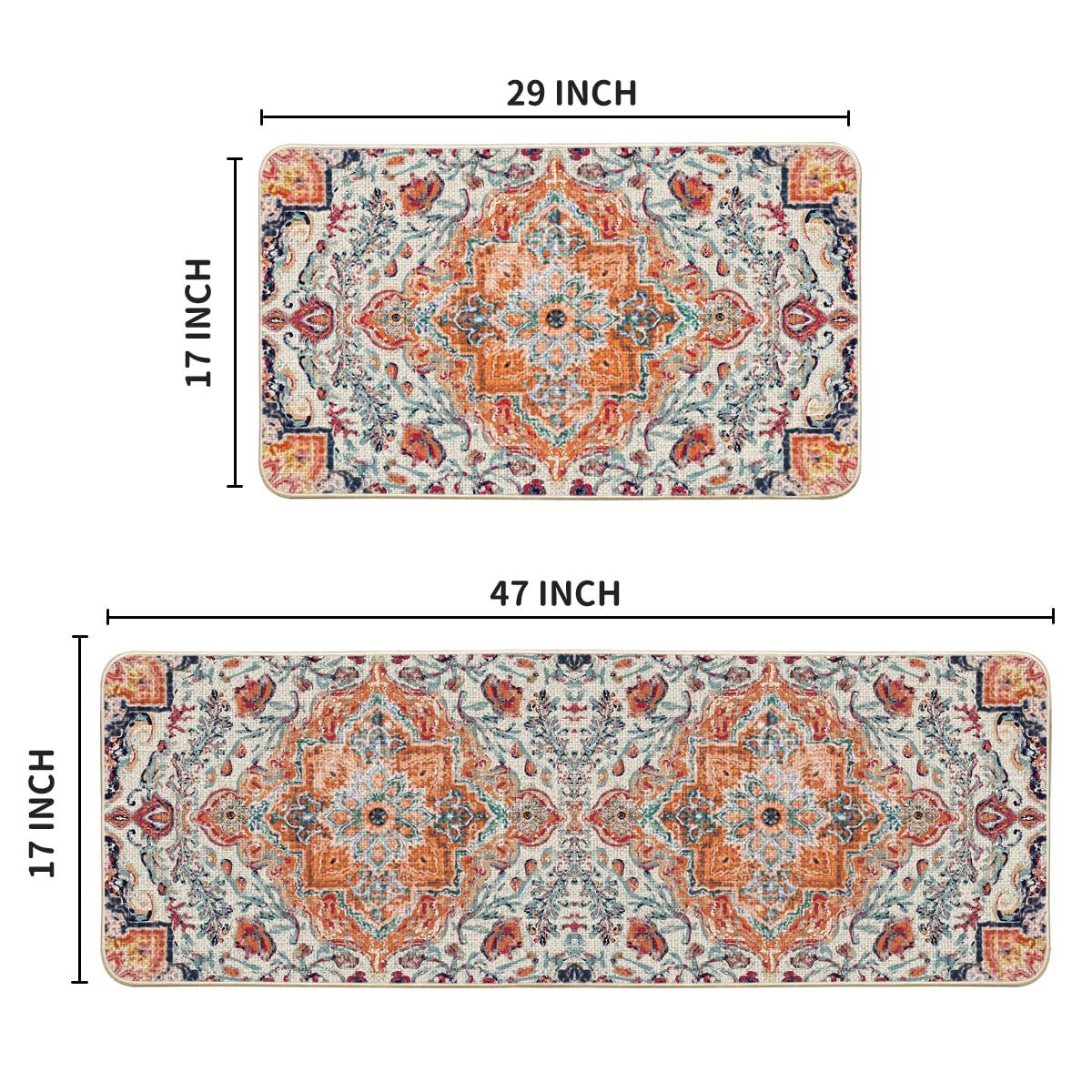 Artoid Mode Orange Flowers Bohemia Kitchen Mats Set of 2, Daily Boho Home Decor Low-Profile Kitchen Rugs for Floor - 17x29 and 17x47 Inch