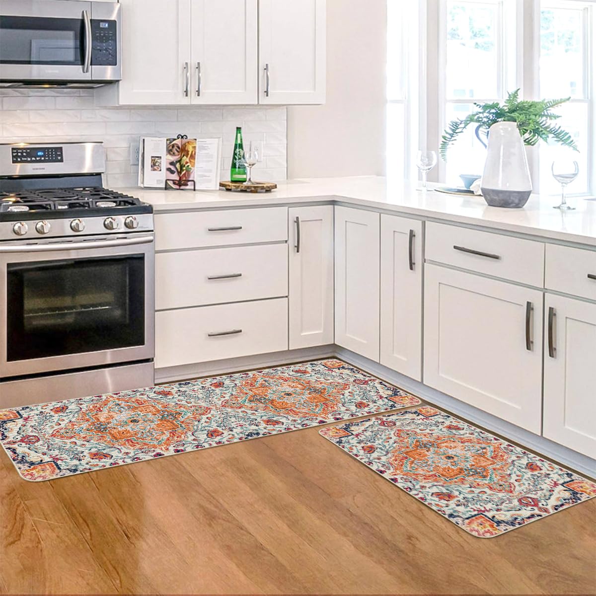 Artoid Mode Orange Flowers Bohemia Kitchen Mats Set of 2, Daily Boho Home Decor Low-Profile Kitchen Rugs for Floor - 17x29 and 17x47 Inch