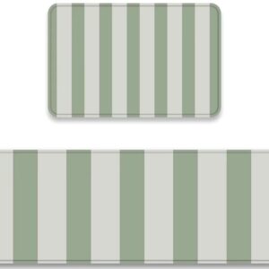 Sage Green Striped Kitchen Rug Set 2 Pieces Modern Comfort Standing Floor Mats Absorbent Washable Doormat Anti Fatigue Non-Slip Chef Sink Runner Rugs Soft Area Carpet For Bedroom Living Room