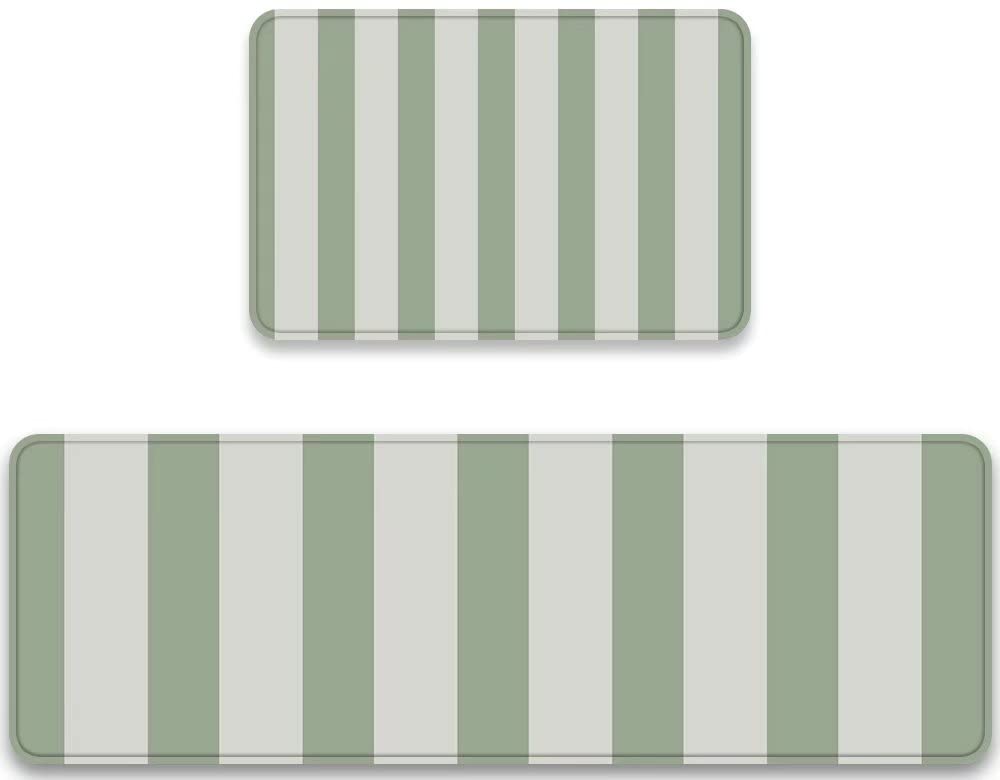 Sage Green Striped Kitchen Rug Set 2 Pieces Modern Comfort Standing Floor Mats Absorbent Washable Doormat Anti Fatigue Non-Slip Chef Sink Runner Rugs Soft Area Carpet For Bedroom Living Room