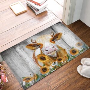 door mat for bedroom decor, retro farm cow and sunflowers on wood floor mats, holiday rugs for living room, absorbent non-slip bathroom rugs home decor kitchen mat area rug 18x30 inch