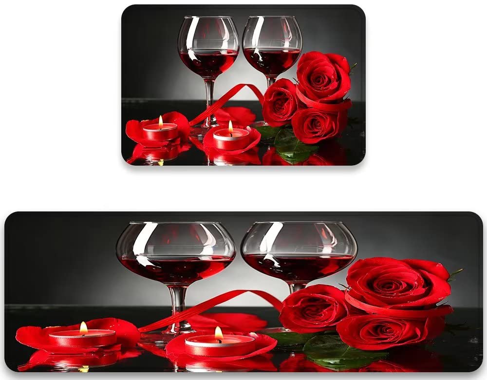 Kitchen Mat Set of 2 Red Rose Wine Decorative Heart on Black Kitchen Rugs and Mats Non Skid Washable Cushioned Kitchen Mats for Floor Absorbent Comfort Standing Mat for Kitchen Sink,Laundry,Bathroom