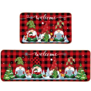 christmas kitchen rugs set of 2 xmas kitchen mats merry christmas mats red black buffalo plaid doormat christmas non slip backing floor mat xmas door mat for home kitchen door bathroom (gnome)