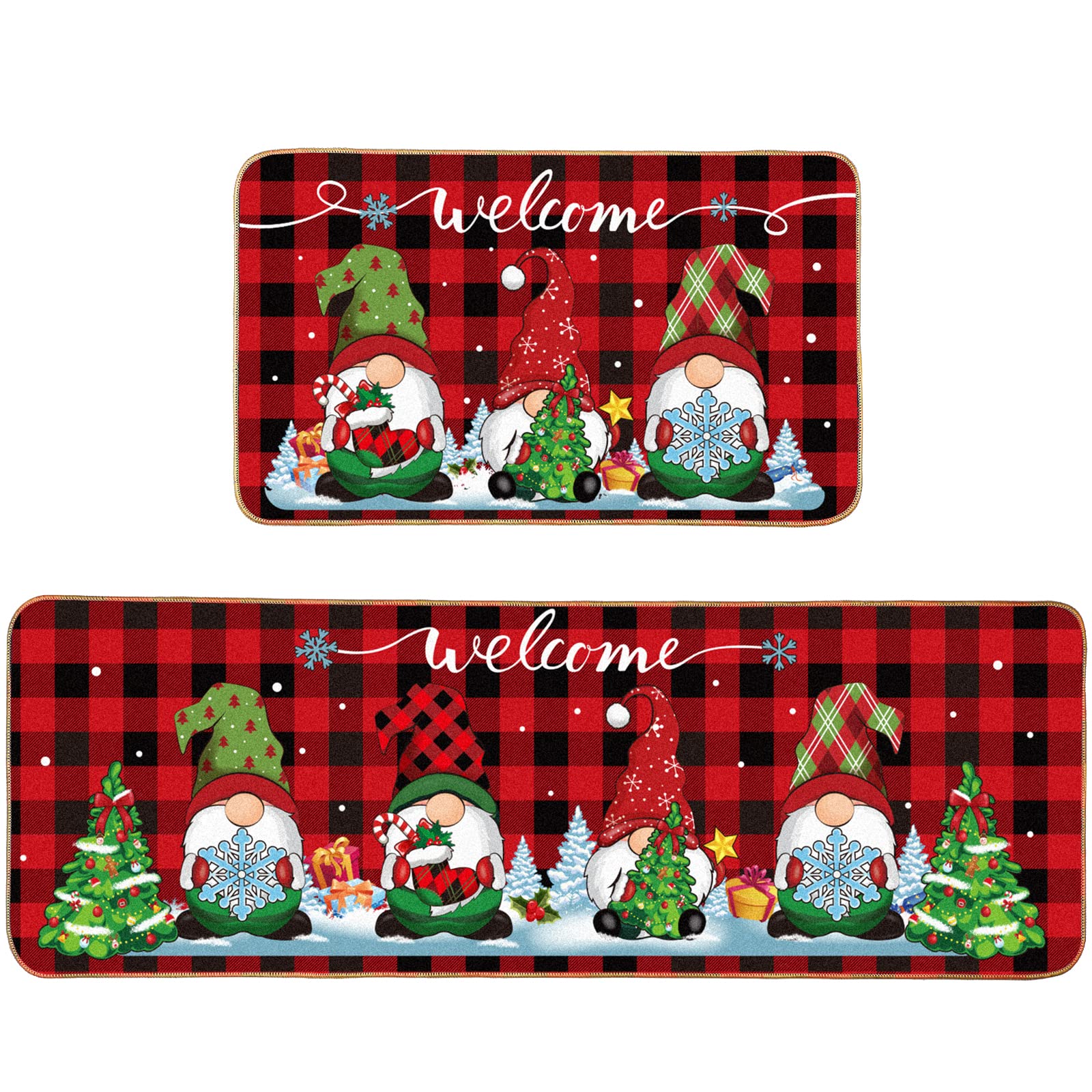 Christmas Kitchen Rugs Set of 2 Xmas Kitchen Mats Merry Christmas Mats Red Black Buffalo Plaid Doormat Christmas Non Slip Backing Floor Mat Xmas Door Mat for Home Kitchen Door Bathroom (Gnome)