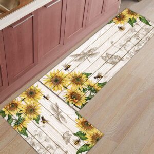 queener home farm sunflower dragonfly butterfly kitchen rugs set of 2, washable floor door mats comfort area runner rug non-slip rubber backing for indoor retro wood grain