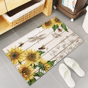 Queener Home Farm Sunflower Dragonfly Butterfly Kitchen Rugs Set of 2, Washable Floor Door Mats Comfort Area Runner Rug Non-Slip Rubber Backing for Indoor Retro Wood Grain