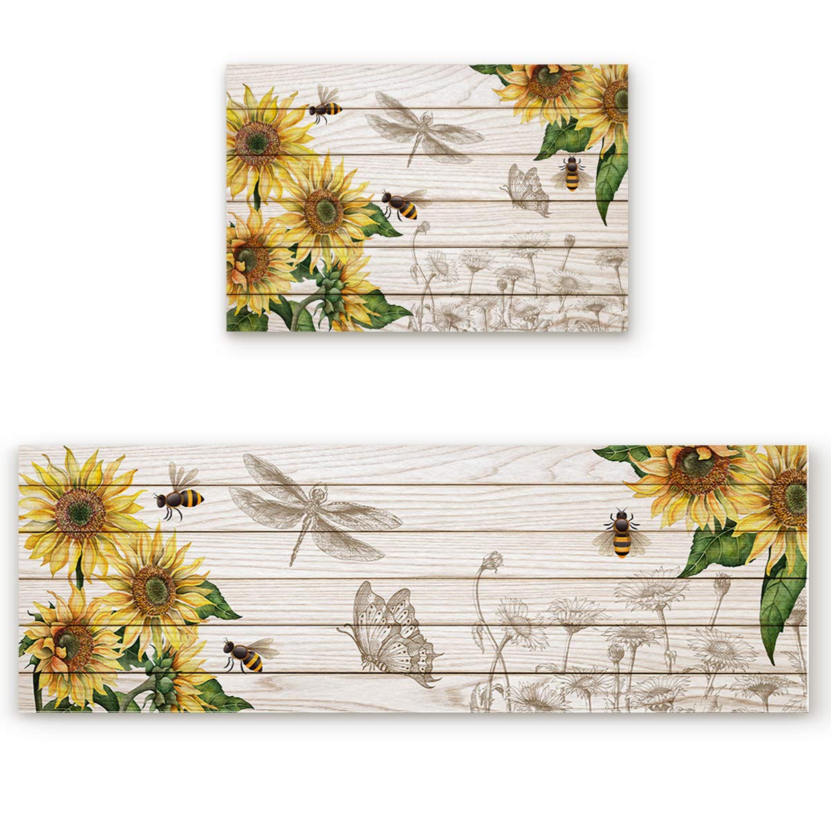 Queener Home Farm Sunflower Dragonfly Butterfly Kitchen Rugs Set of 2, Washable Floor Door Mats Comfort Area Runner Rug Non-Slip Rubber Backing for Indoor Retro Wood Grain