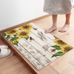 Queener Home Farm Sunflower Dragonfly Butterfly Kitchen Rugs Set of 2, Washable Floor Door Mats Comfort Area Runner Rug Non-Slip Rubber Backing for Indoor Retro Wood Grain