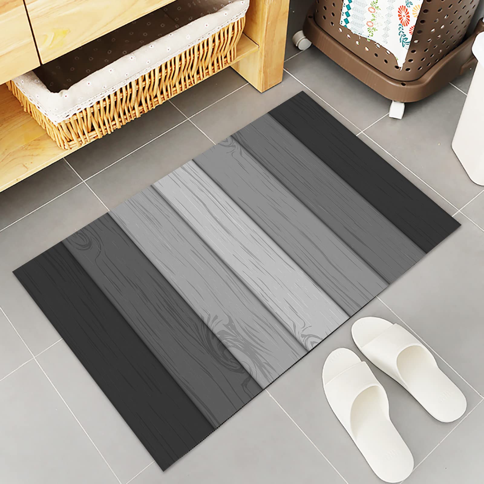 Kitchen Mat 2PCS, Retro Rustic Wood Grain Black White Gray Kitchen Rugs for Kitchen Organization, Anti-Fatigue Kitchen Floor Mats Non-Slip Kitchen Decor Runner Rug, Room Decor Standing Desk Mats