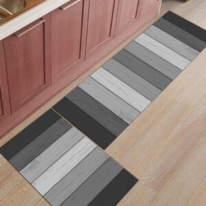 Kitchen Mat 2PCS, Retro Rustic Wood Grain Black White Gray Kitchen Rugs for Kitchen Organization, Anti-Fatigue Kitchen Floor Mats Non-Slip Kitchen Decor Runner Rug, Room Decor Standing Desk Mats