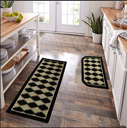 Marina Decoration Decor Luxury Non-Slip Rubber Backing Safety Ultra Water Absorbent Soft Woven Fluffy Runner Area Carpet Floor Mat Indoor Kitchen Rug, Black Pumice Geometric Design 2 Pieces Set