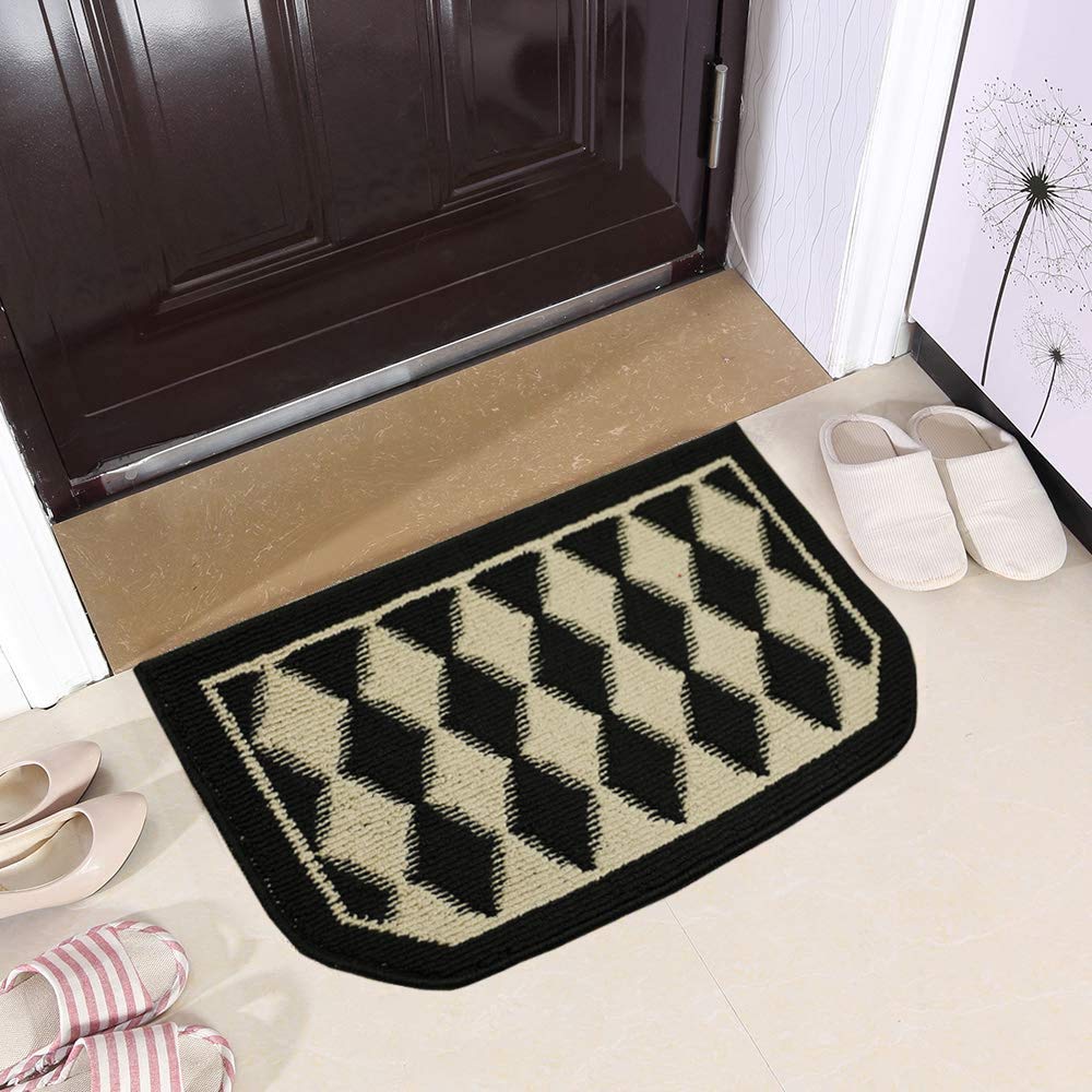 Marina Decoration Decor Luxury Non-Slip Rubber Backing Safety Ultra Water Absorbent Soft Woven Fluffy Runner Area Carpet Floor Mat Indoor Kitchen Rug, Black Pumice Geometric Design 2 Pieces Set