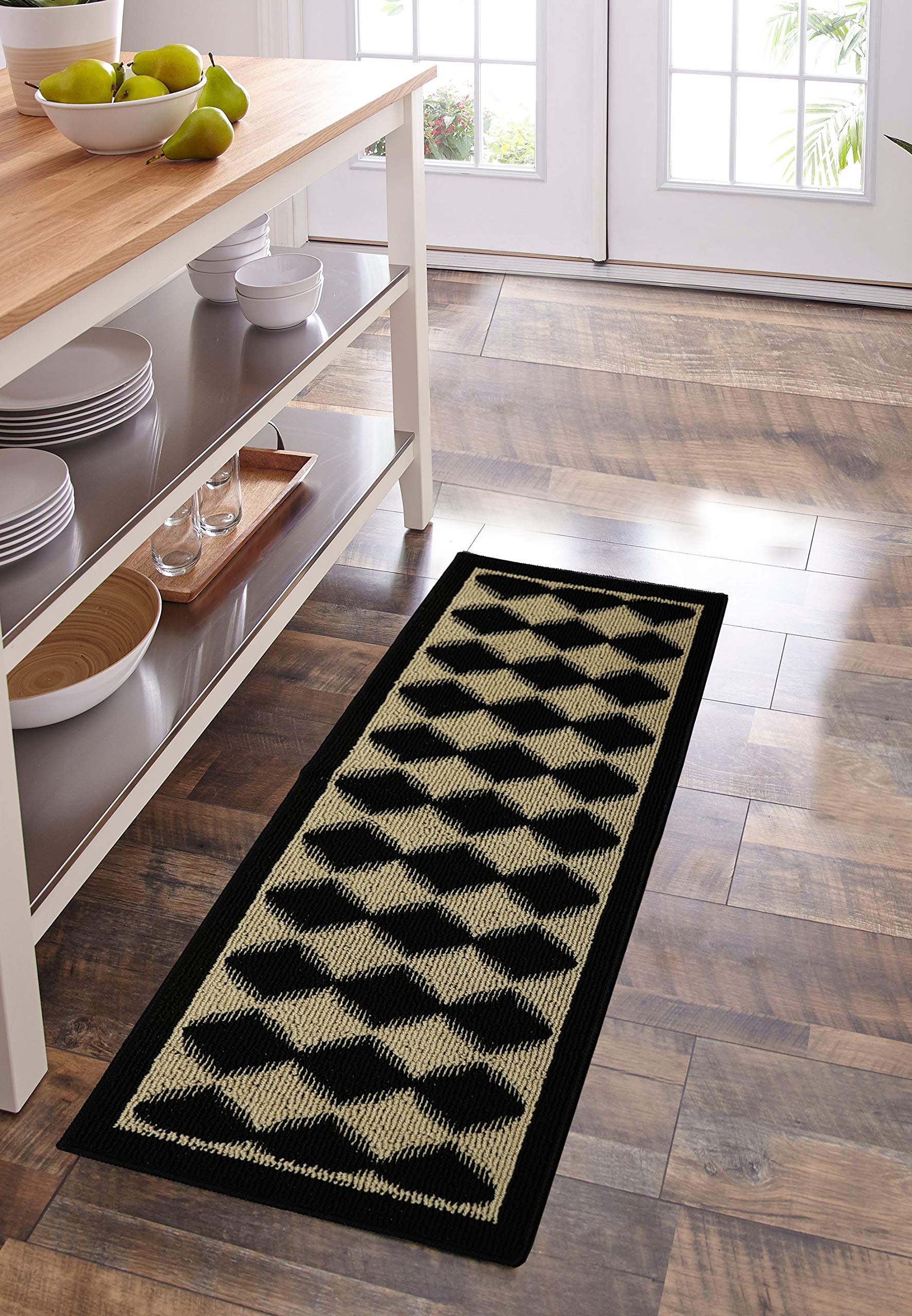 Marina Decoration Decor Luxury Non-Slip Rubber Backing Safety Ultra Water Absorbent Soft Woven Fluffy Runner Area Carpet Floor Mat Indoor Kitchen Rug, Black Pumice Geometric Design 2 Pieces Set