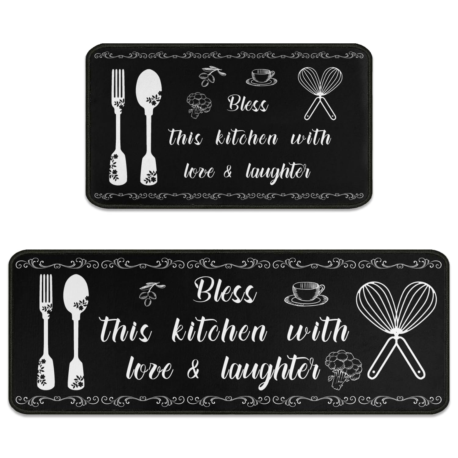 Black Kitchen with Love Kitchen Rugs 2Pcs Kitchen Floor Mats for Restaurant Kitchen Farmhouse Floor Decor Non Slip Washable Standing Kitchen Runner Mats 17"x30"+17"x47"