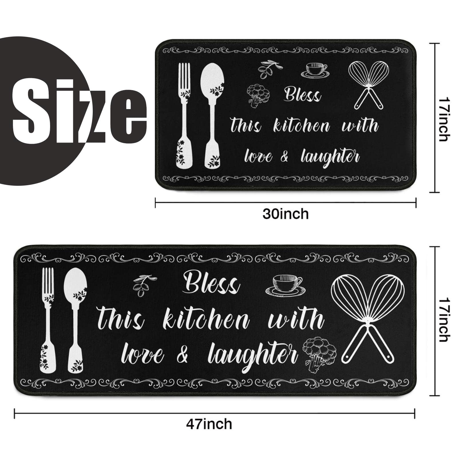 Black Kitchen with Love Kitchen Rugs 2Pcs Kitchen Floor Mats for Restaurant Kitchen Farmhouse Floor Decor Non Slip Washable Standing Kitchen Runner Mats 17"x30"+17"x47"