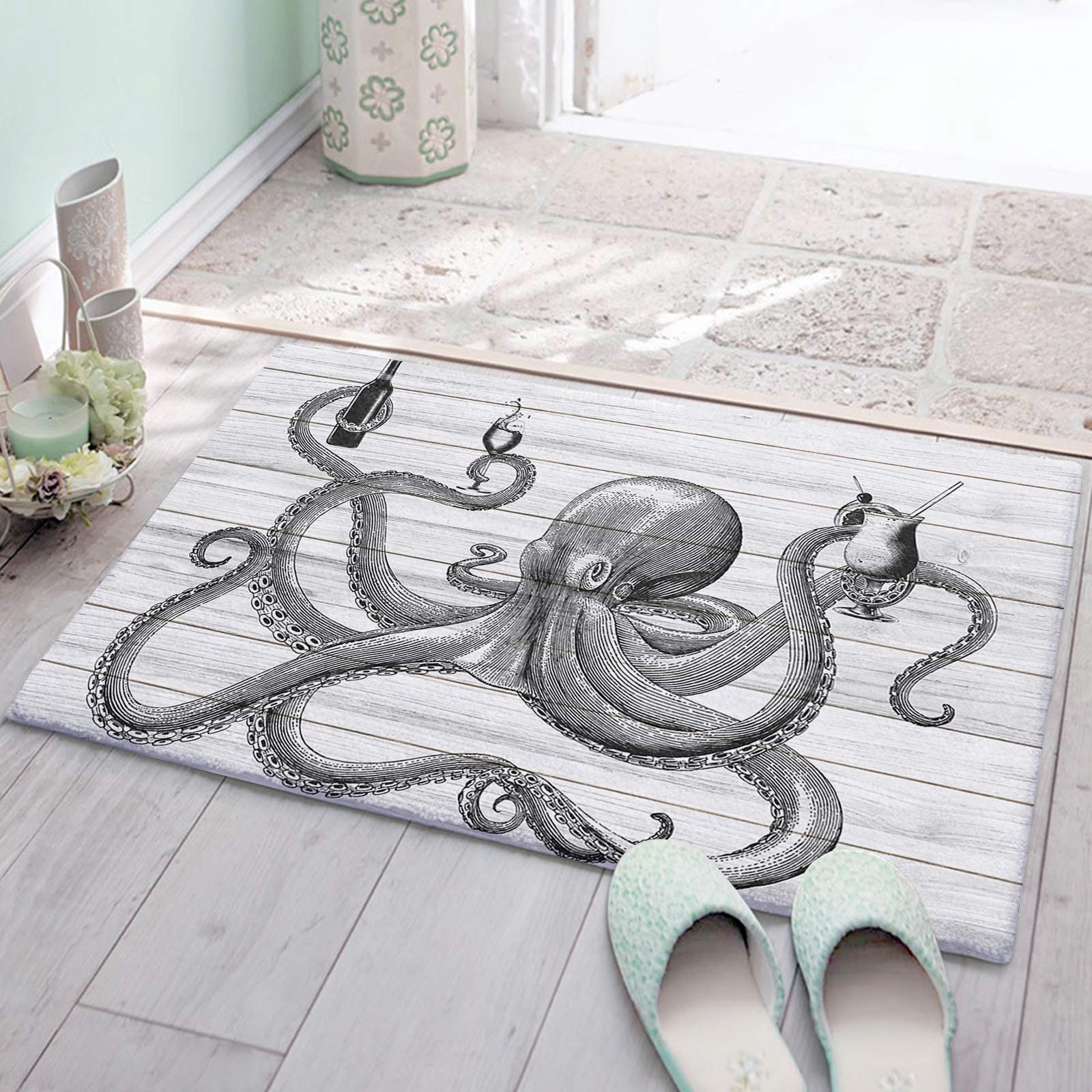 Singingin Bathroom Rugs Bath Mats Octopus with Wine Glass Champagne Microfiber Shag Mat for Shower Room Soft Fluffy Area Rug Non-Slip Runner Carpet Floor Mat for Tub Machine-Washable 16x24in