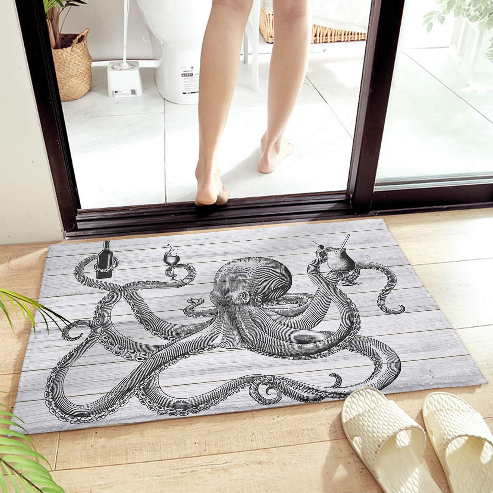 Singingin Bathroom Rugs Bath Mats Octopus with Wine Glass Champagne Microfiber Shag Mat for Shower Room Soft Fluffy Area Rug Non-Slip Runner Carpet Floor Mat for Tub Machine-Washable 16x24in