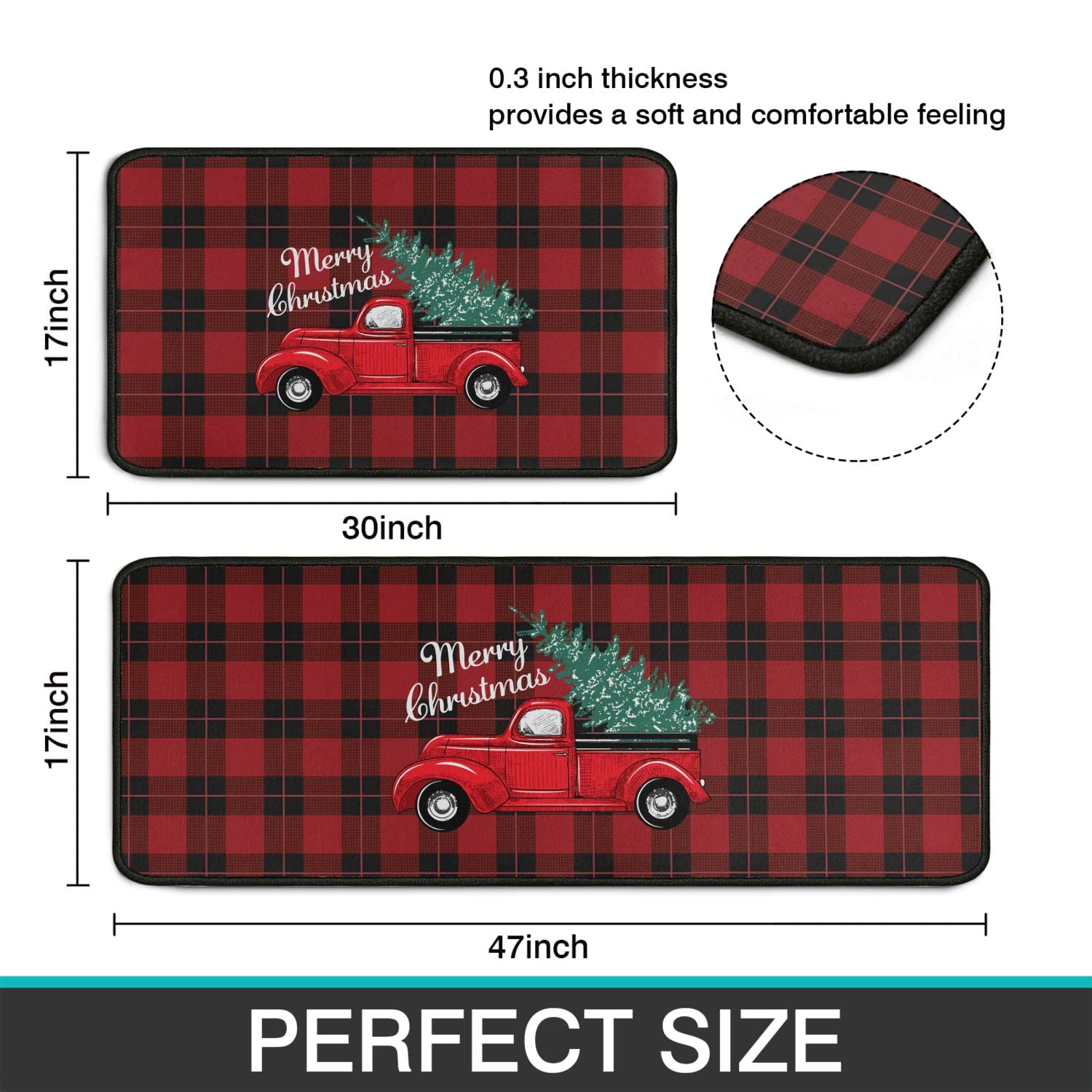 Fuoxowk Christmas Tree Truck Kitchen Mat and Rug Set-Buffalo Plaid Kitchen Rugs and Mats Non Skid Washable,Floor Cushion Waterproof Rug,Rubber Backed Area Rugs for Kitchen Sink,Indoor Floor,Red