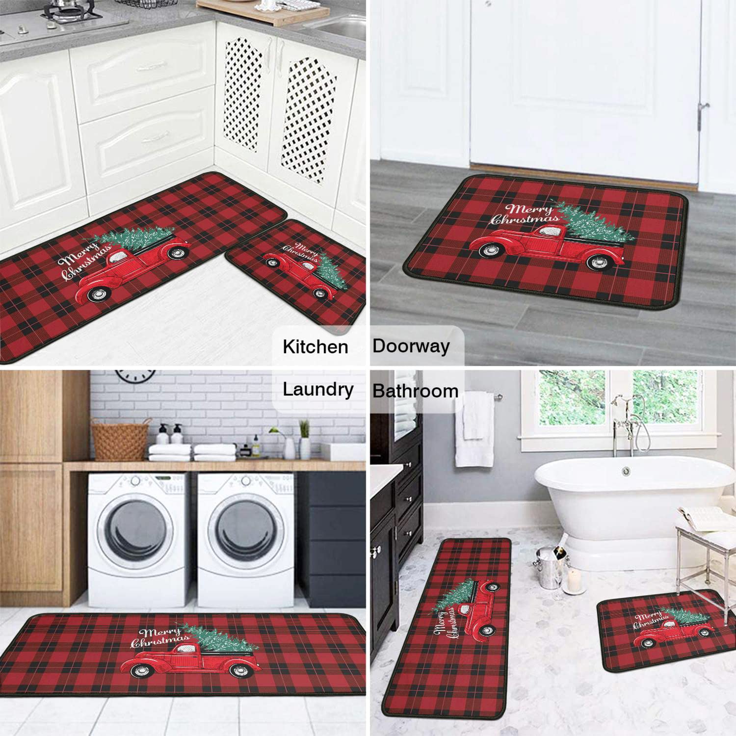 Fuoxowk Christmas Tree Truck Kitchen Mat and Rug Set-Buffalo Plaid Kitchen Rugs and Mats Non Skid Washable,Floor Cushion Waterproof Rug,Rubber Backed Area Rugs for Kitchen Sink,Indoor Floor,Red