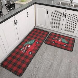 Fuoxowk Christmas Tree Truck Kitchen Mat and Rug Set-Buffalo Plaid Kitchen Rugs and Mats Non Skid Washable,Floor Cushion Waterproof Rug,Rubber Backed Area Rugs for Kitchen Sink,Indoor Floor,Red