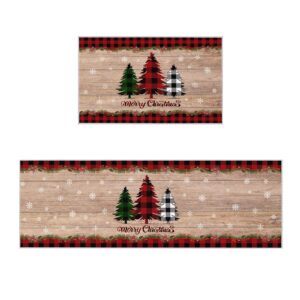 merry chirstmas kitchen rugs sets 2 piece floor mats buffalo plaid farm xmas tree snowflake pine tree doormat non-slip backing area rugs carpet inside door mat pad sets-15.7" x 23.6"+15.7" x 47.2"