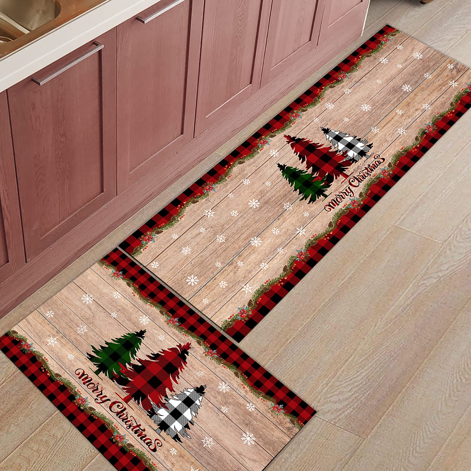 Merry Chirstmas Kitchen Rugs Sets 2 Piece Floor Mats Buffalo Plaid Farm Xmas Tree Snowflake Pine Tree Doormat Non-Slip Backing Area Rugs Carpet Inside Door Mat Pad Sets-15.7" x 23.6"+15.7" x 47.2"