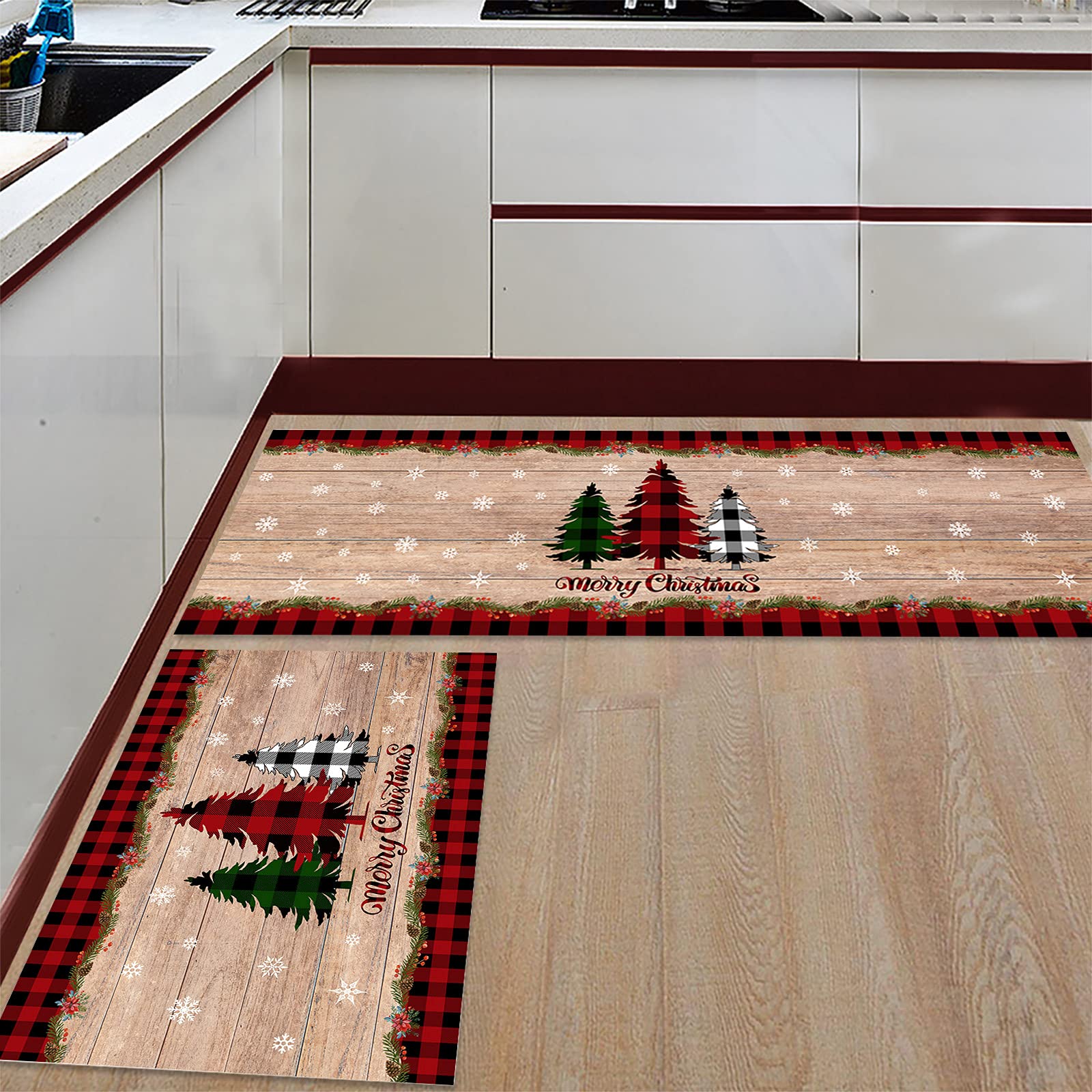 Merry Chirstmas Kitchen Rugs Sets 2 Piece Floor Mats Buffalo Plaid Farm Xmas Tree Snowflake Pine Tree Doormat Non-Slip Backing Area Rugs Carpet Inside Door Mat Pad Sets-15.7" x 23.6"+15.7" x 47.2"