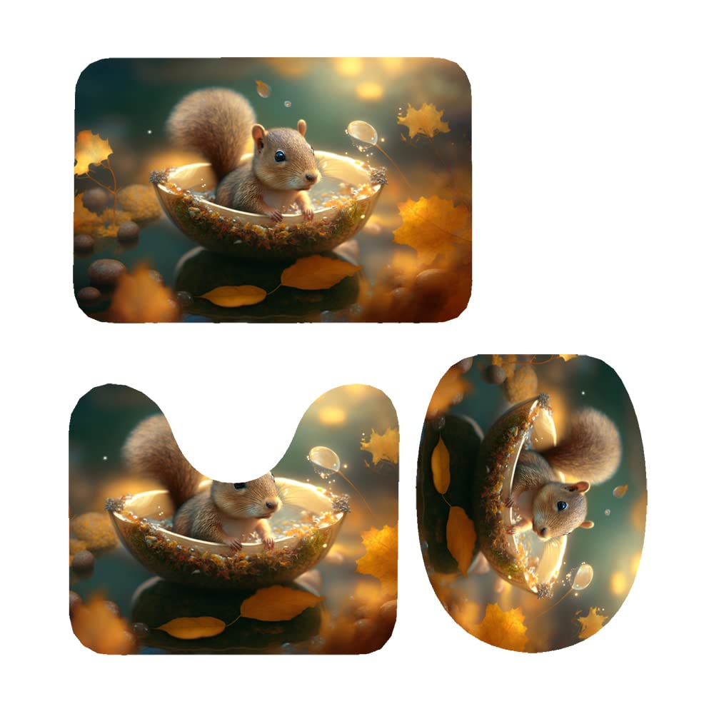 Chieraf Adorable Baby Squirrel in a Magical Acorn Boat Rugs Mats Sets Toilet Cover Cushion 3 Piece, Kitchen Sink Mat Painting Absorbent Machine Washable Non-Slip Soft Indoor Bath Mat