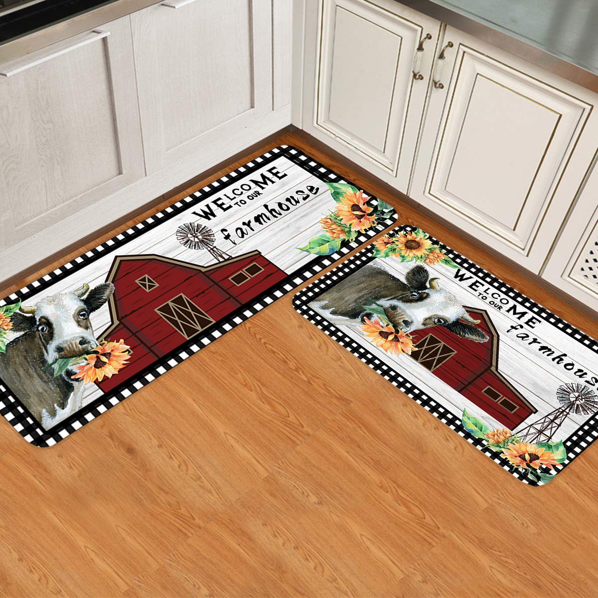 Kitchen Comfort Mat Set of 2 Farm Cow Non-Slip Backing Waterproof Anti-Fatigue Standing Mats Wipeable Rugs for Kitchen Sunflower Rustic Barn Wood Country Style Farmhouse 23.6x35.4inch+23.6x70.9inch