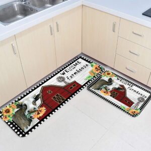 Kitchen Comfort Mat Set of 2 Farm Cow Non-Slip Backing Waterproof Anti-Fatigue Standing Mats Wipeable Rugs for Kitchen Sunflower Rustic Barn Wood Country Style Farmhouse 23.6x35.4inch+23.6x70.9inch