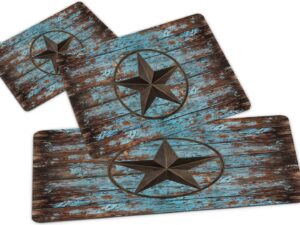 western kitchen rug sets 3 piece,country texas star on teal brown wooden barn vintage,comfort floor mats washable doormat anti fatigue non-slip kitchen runner rug rustic bedroom area carpet