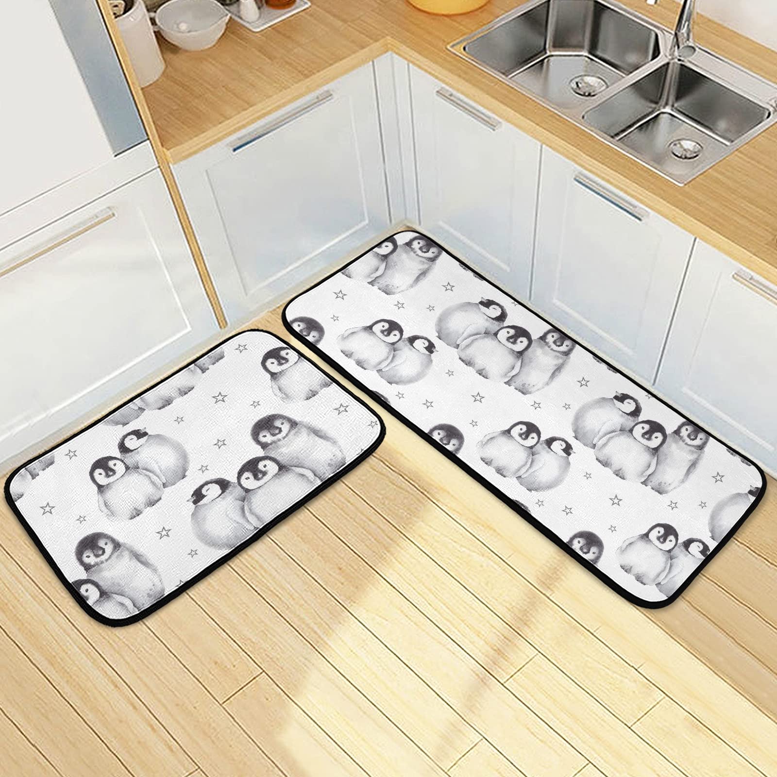 Cute Baby Penguins Kitchen Mat Set of 2 Anti-Fatigue Kitchen Rug Set Washable Non Slip Cushioned Foam Kitchen Runner Rugs and Mats Comfort Standing Mat for Floor Home Decor Doormat