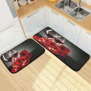 alaza red wine in glasses red rose flower 2 piece kitchen rug floor mat set runner rugs non-slip for kitchen laundry office 20" x 28" + 20" x 48"