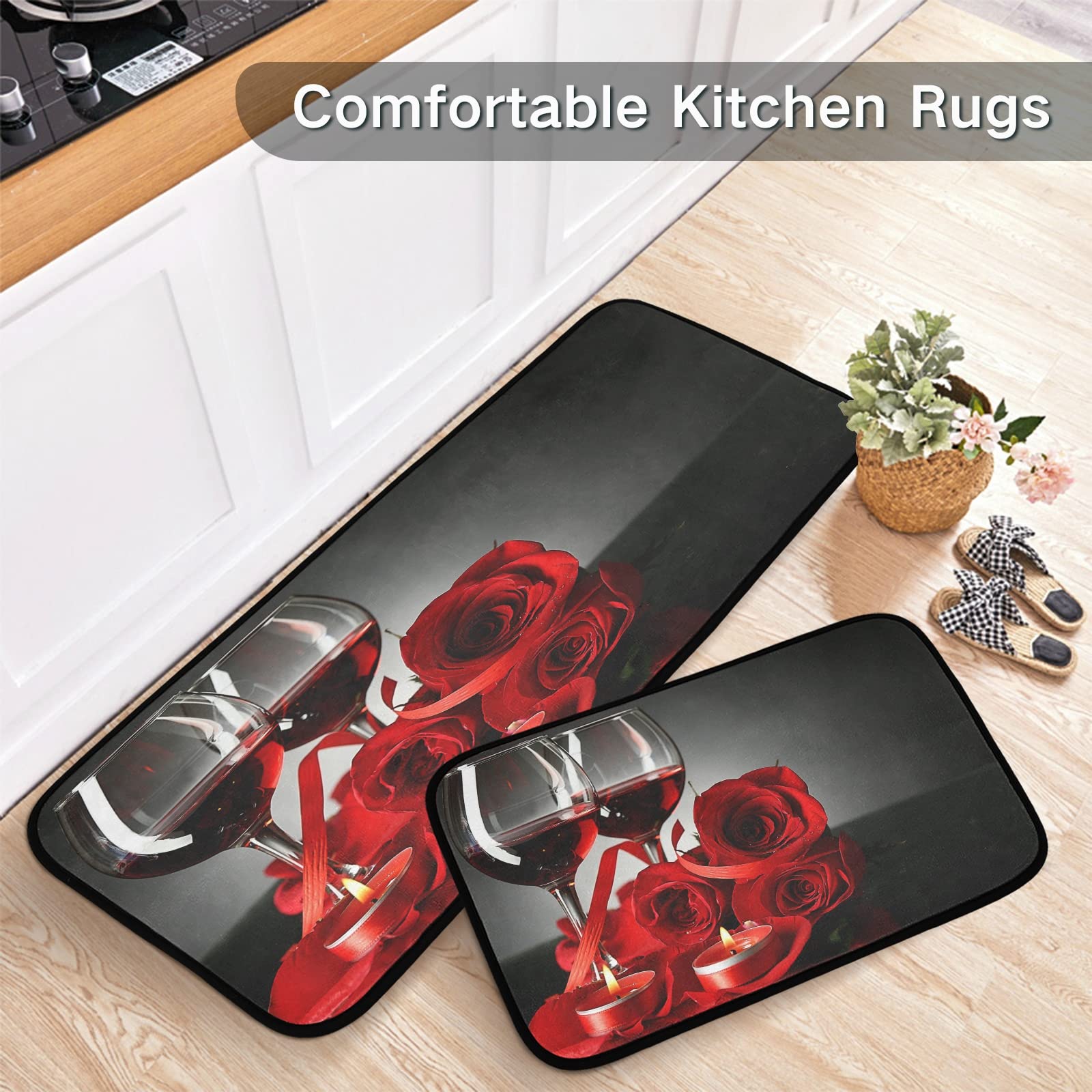 ALAZA Red Wine in Glasses Red Rose Flower 2 Piece Kitchen Rug Floor Mat Set Runner Rugs Non-Slip for Kitchen Laundry Office 20" x 28" + 20" x 48"