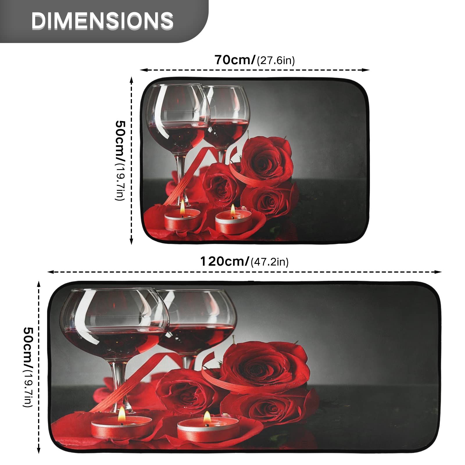 ALAZA Red Wine in Glasses Red Rose Flower 2 Piece Kitchen Rug Floor Mat Set Runner Rugs Non-Slip for Kitchen Laundry Office 20" x 28" + 20" x 48"