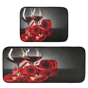 ALAZA Red Wine in Glasses Red Rose Flower 2 Piece Kitchen Rug Floor Mat Set Runner Rugs Non-Slip for Kitchen Laundry Office 20" x 28" + 20" x 48"